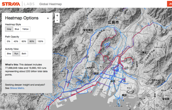 サイクリング、ランの記録サイト STRAVA に登録されたデータから作られたヒートマップ | toshyon's posts
